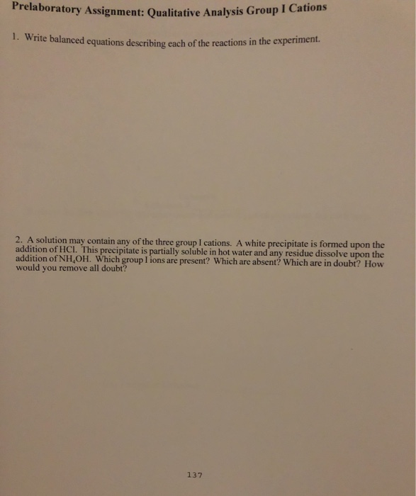 Prelaboratory Assignment: Qualitative Analysis Group | Chegg.com