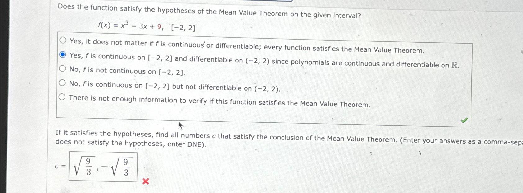 Solved Does the function satisfy the hypotheses of the Mean | Chegg.com