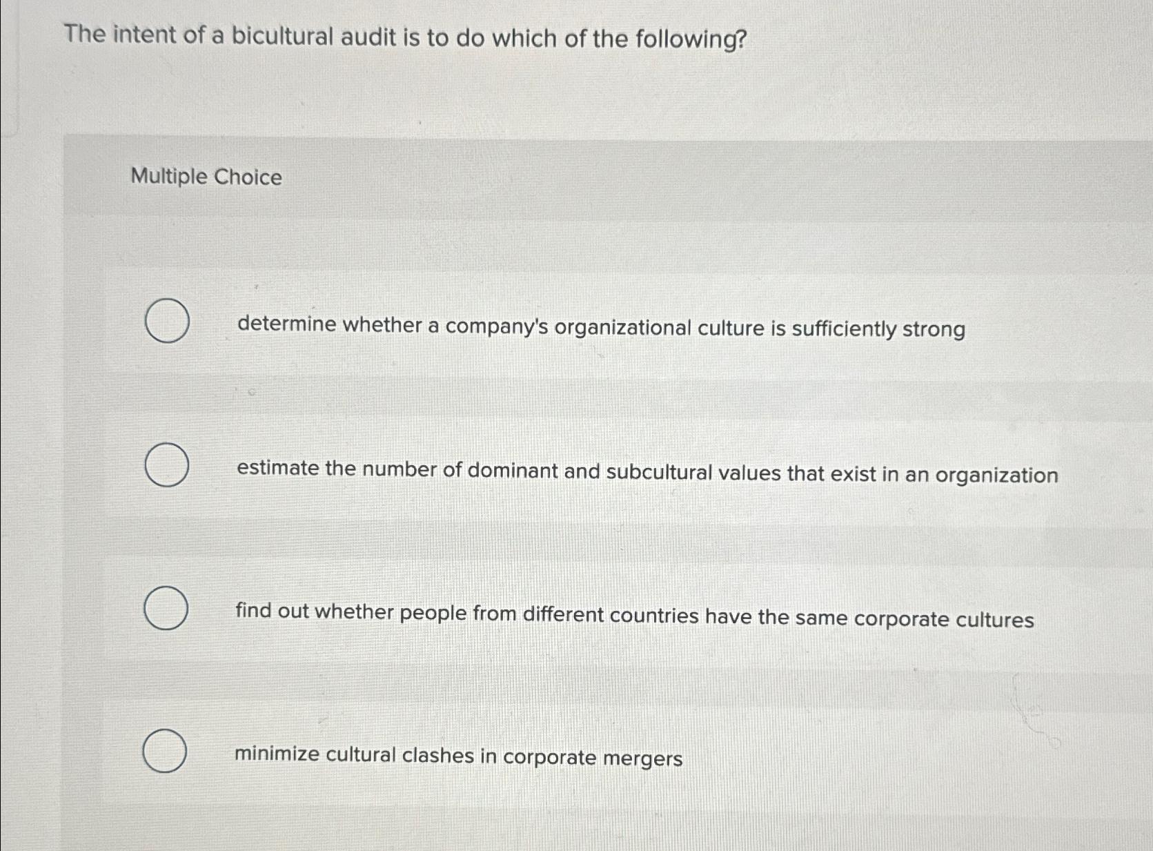 Solved The intent of a bicultural audit is to do which of | Chegg.com