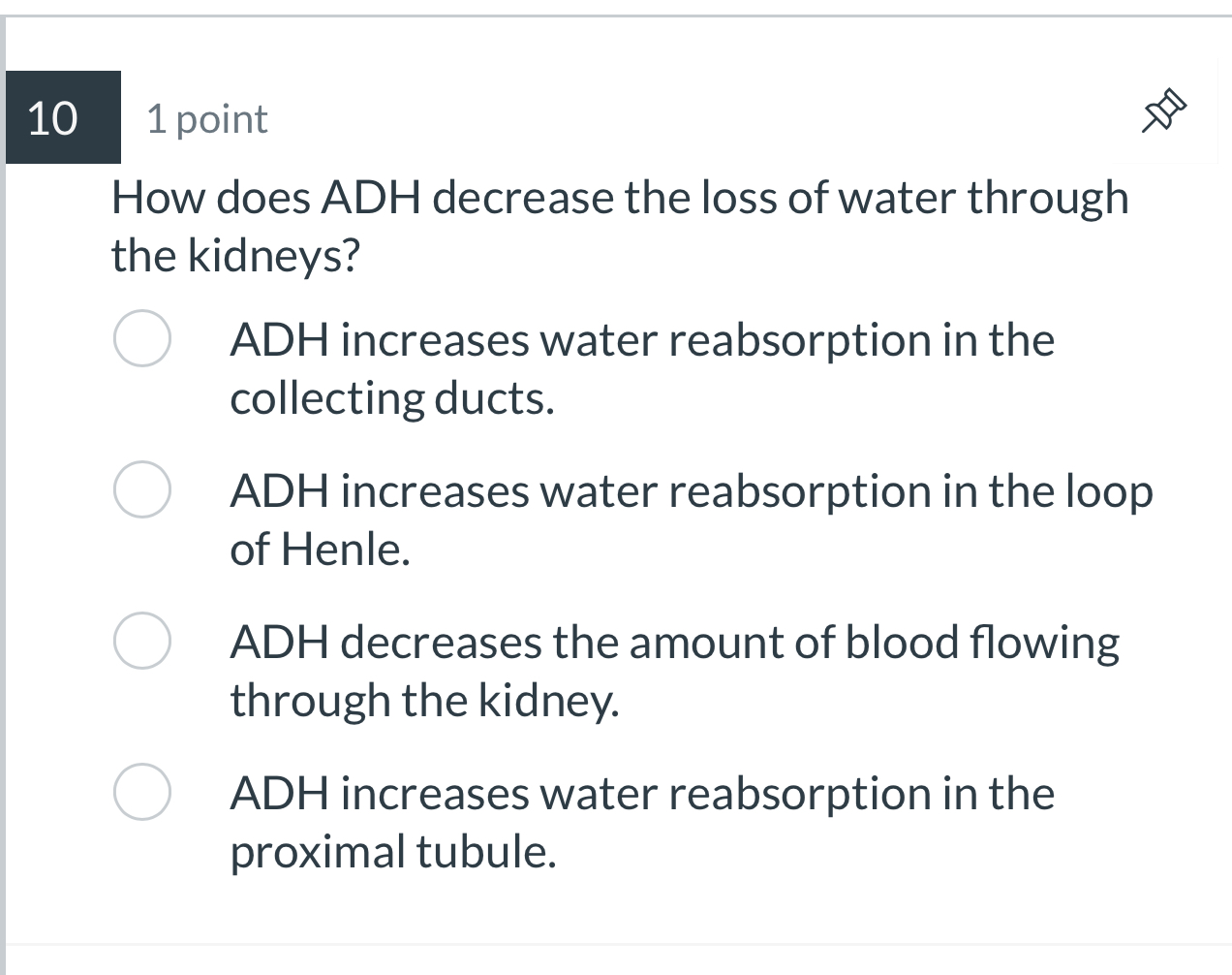 Solved 1 ﻿pointHow does ADH decrease the loss of water | Chegg.com