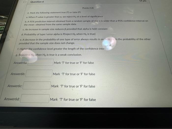 Solved Question 6 Points (14) 6. Mark the following | Chegg.com