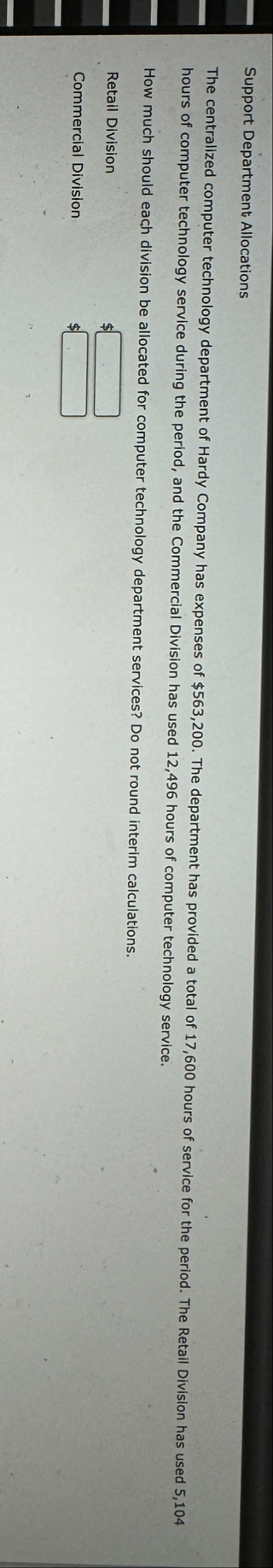Solved Support Department Allocations hours of computer | Chegg.com
