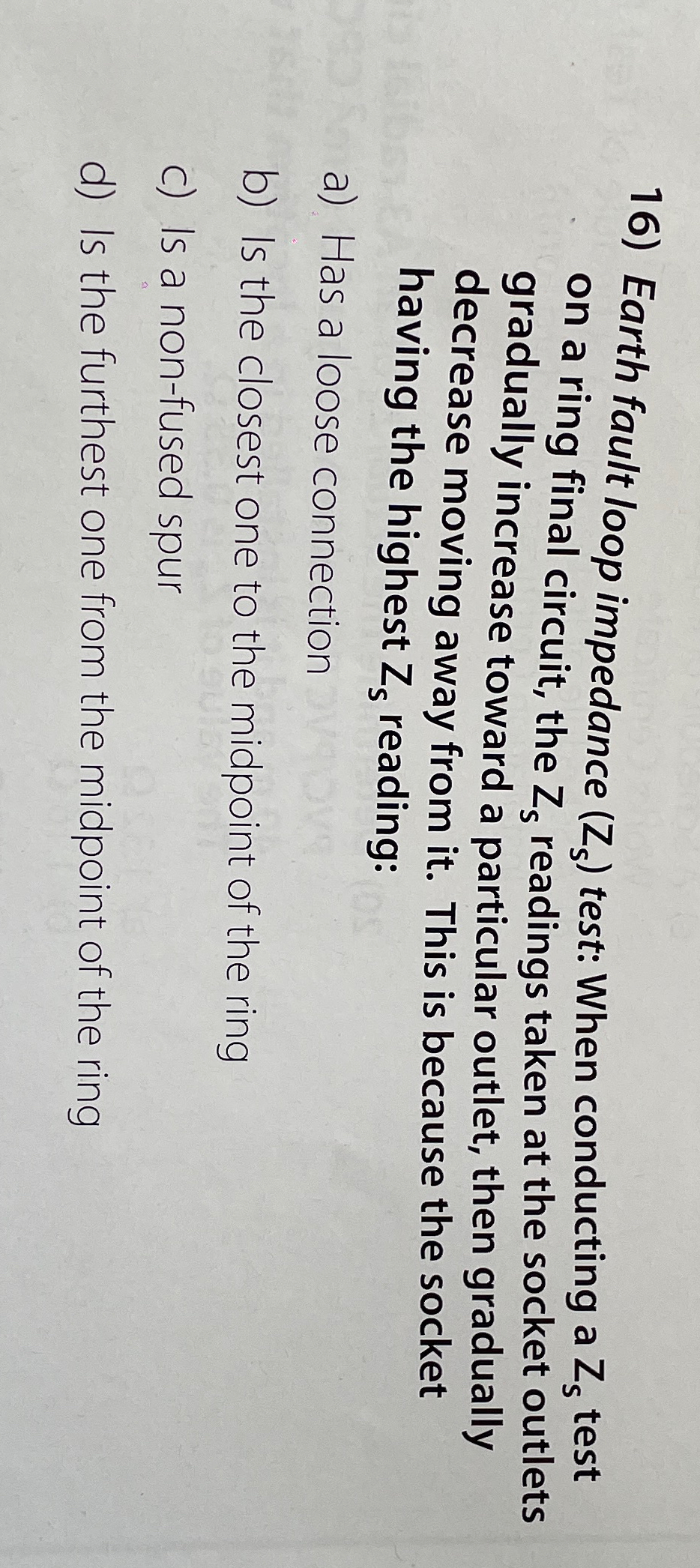 Solved Earth fault loop impedance (Zs) ﻿test: When | Chegg.com