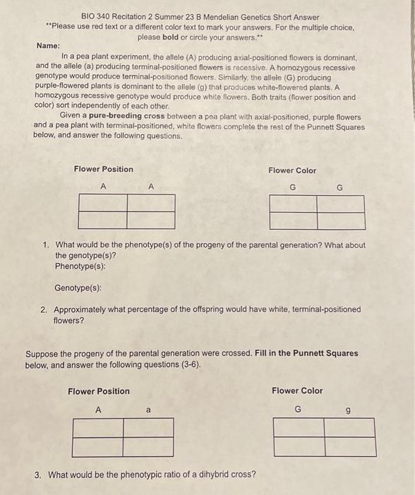 Solved BIO 340 Recitation 2 Summer 23 B Mendelian Genetics | Chegg.com