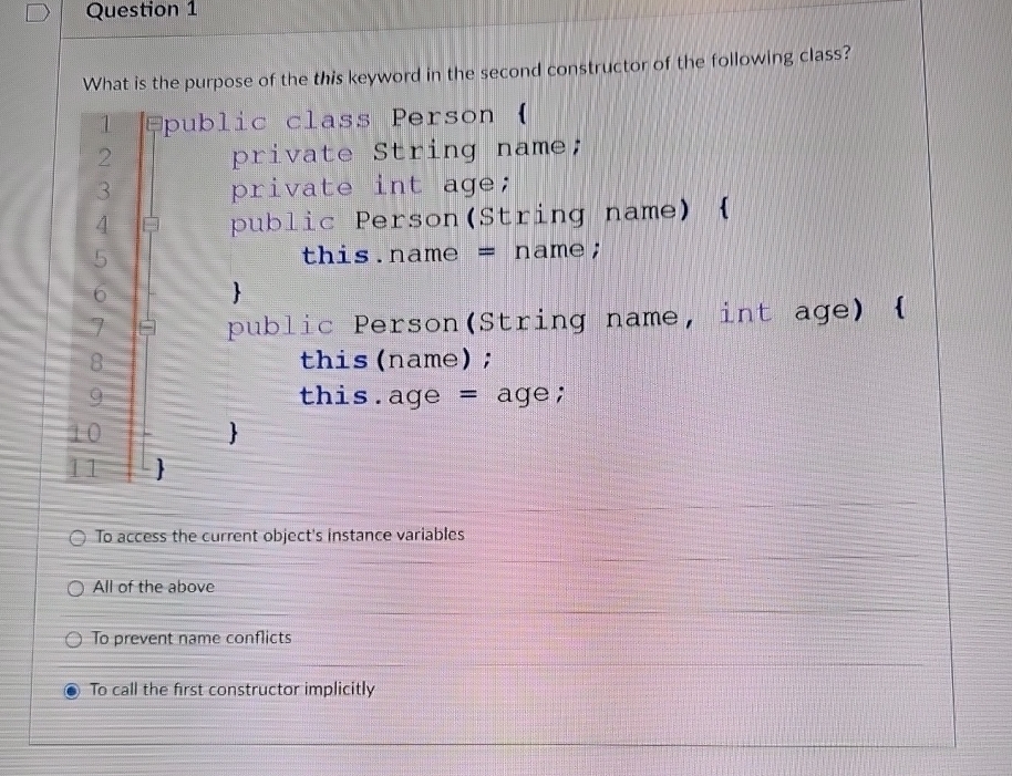 Solved Question 1What is the purpose of the this keyword in | Chegg.com