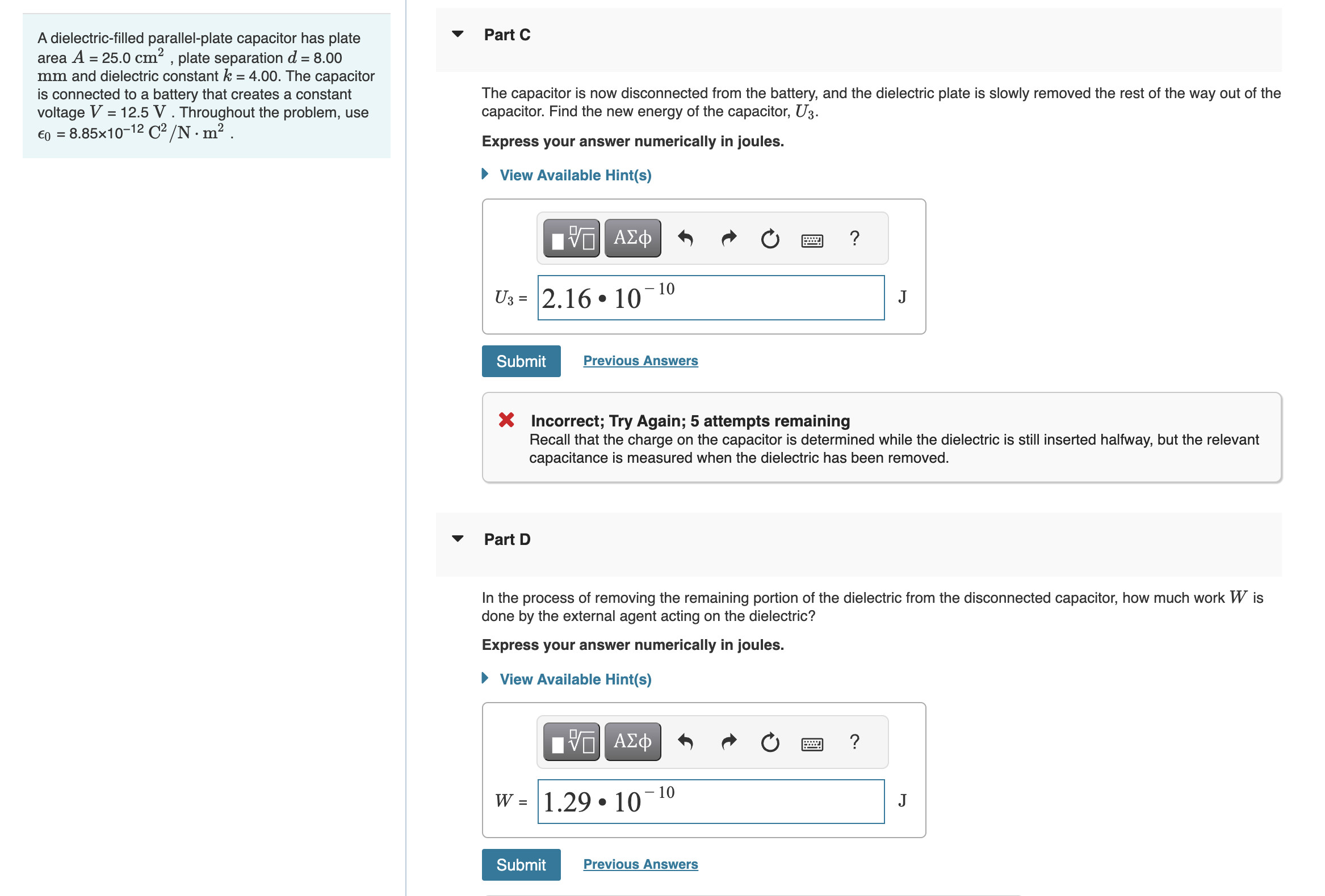 Solved A dielectric-filled parallel-plate capacitor has | Chegg.com
