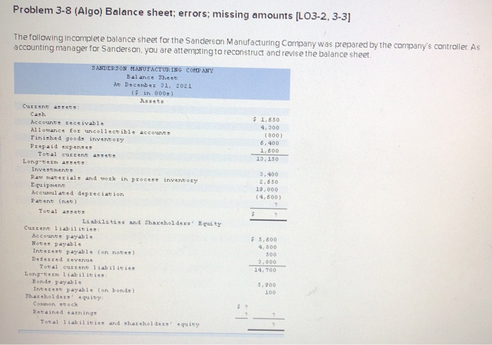 Solved Problem 3-8 (Algo) Balance sheet; errors; missing | Chegg.com