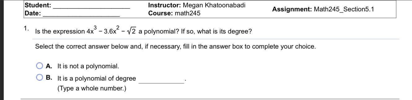 Solved Student: q, ﻿Instructor: Megan KhatoonabadiDate: q, | Chegg.com