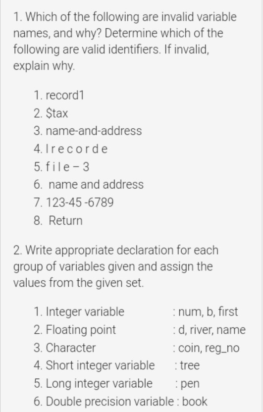 Solved 1 Which Of The Following Are Invalid Variable Names Chegg