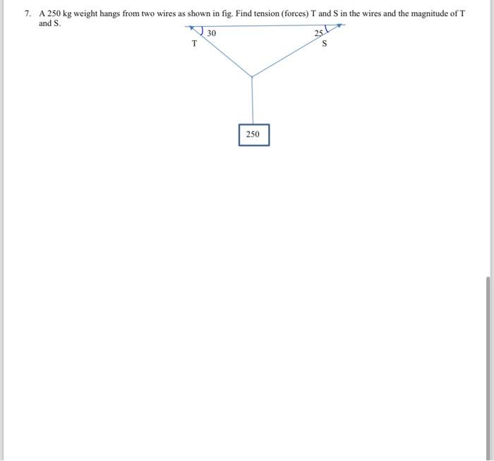 Solved 7. A 250 kg weight hangs from two wires as shown in | Chegg.com