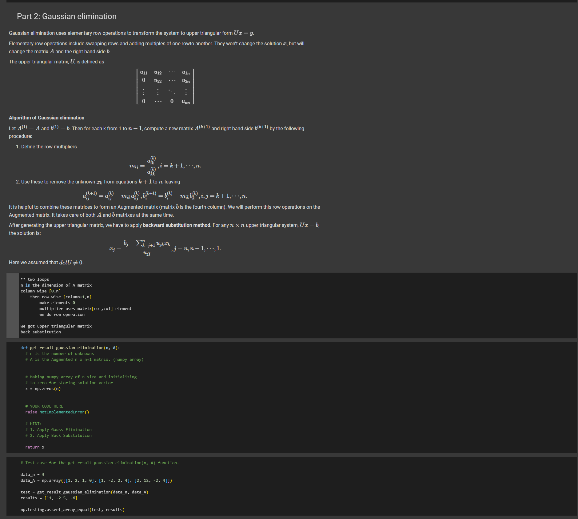 Solved COMPLETE THE CODE IN COLLAB :Gaussian elimination | Chegg.com