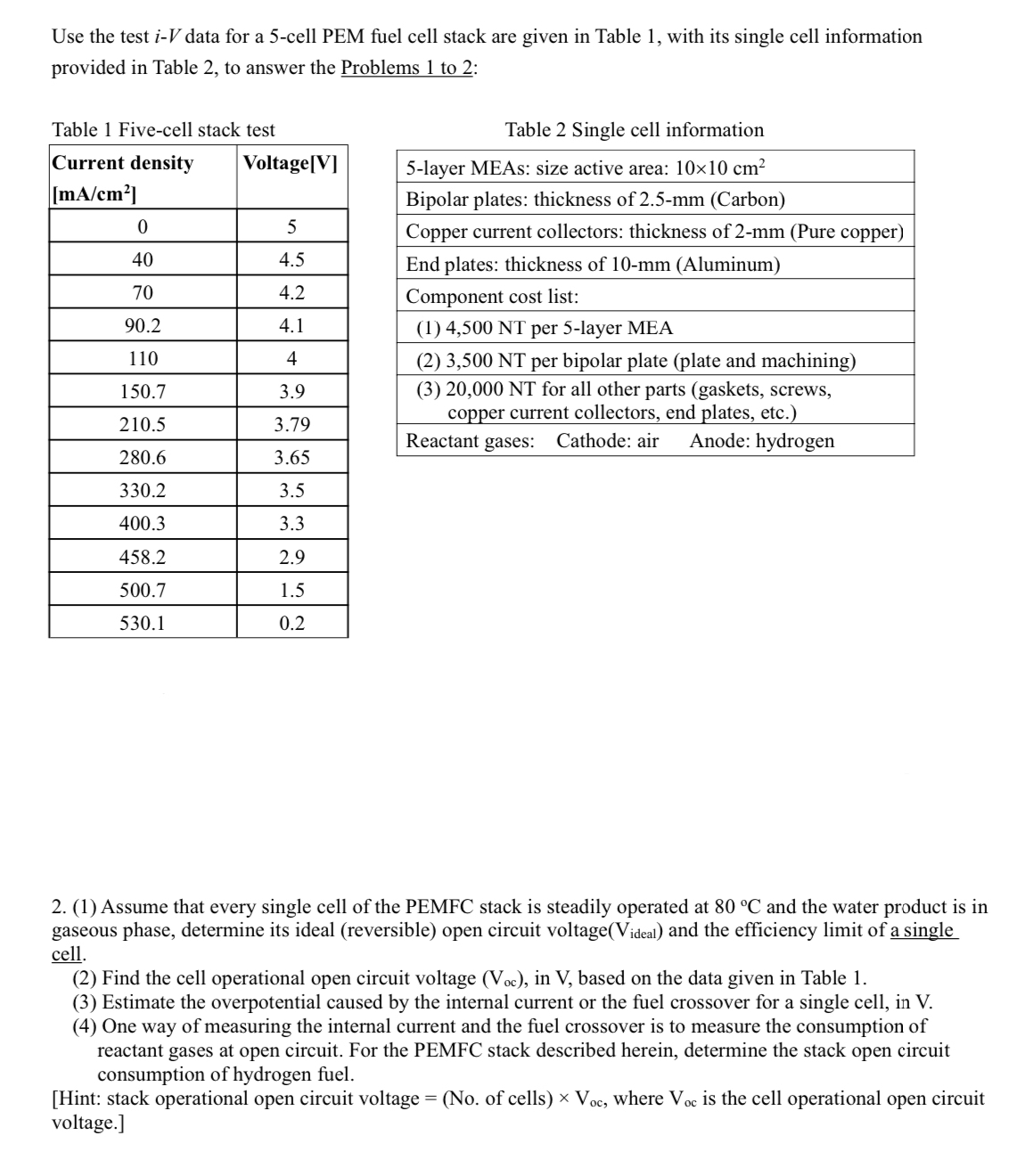 Solved Use the test i-V ﻿data for a 5-cell PEM fuel cell | Chegg.com