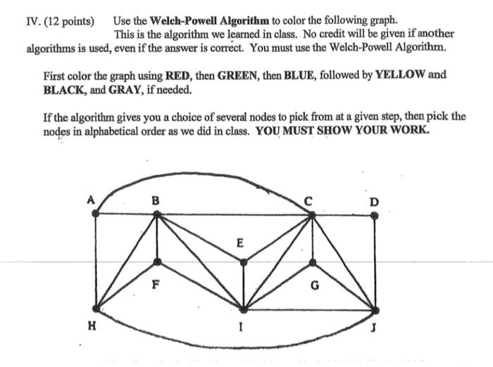 Solved IV. (12 points) Use the Welch-Powell Algorithm to | Chegg.com