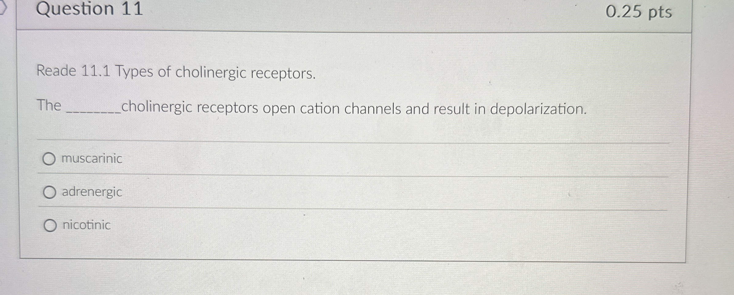 Solved Question 110.25 ﻿ptsReade 11.1 ﻿Types of cholinergic | Chegg.com