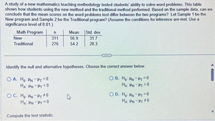 Solved A study of a new mathematics teaching methodology | Chegg.com