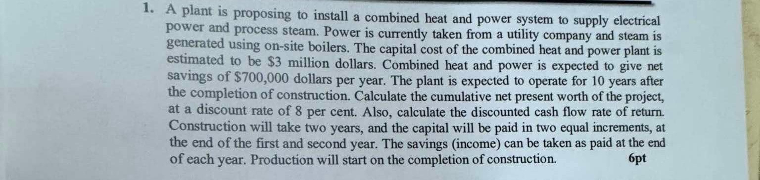 Solved A plant is proposing to install a combined heat and | Chegg.com
