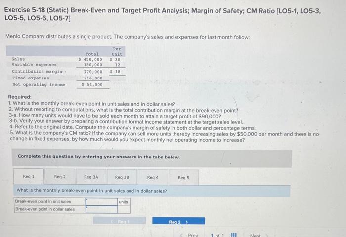 Solved Exercise 5-18 (Static) Break-Even and Target Profit | Chegg.com