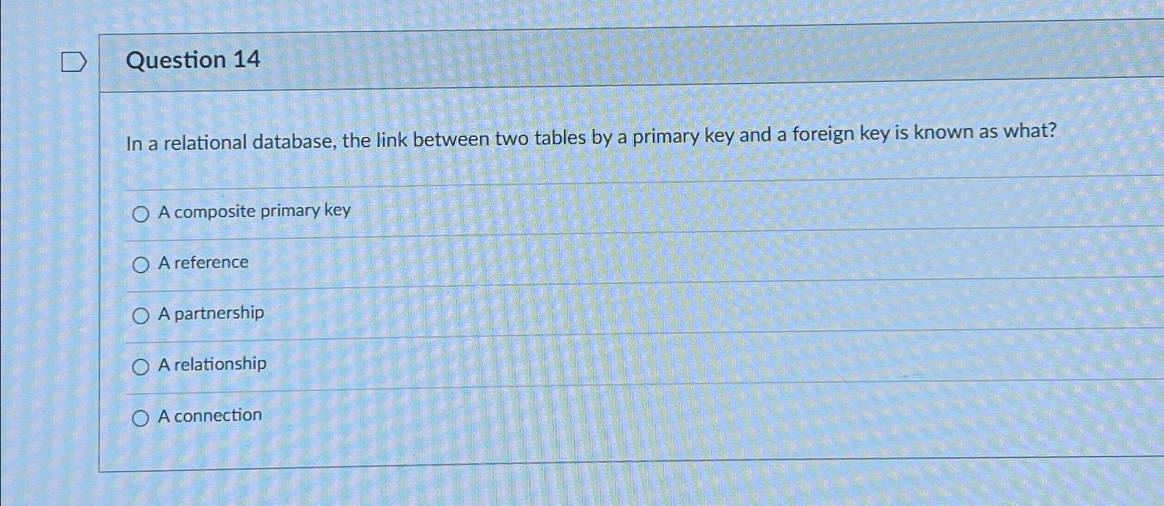 Solved Question 14In a relational database, the link between | Chegg.com