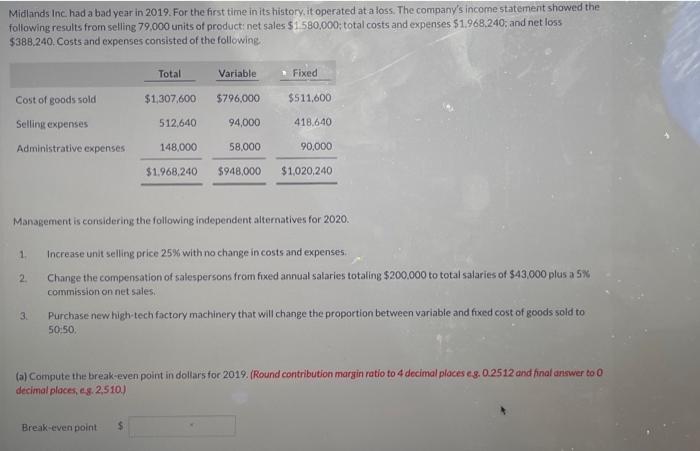  Solved Midlands Inc Had A Bad Year In 2019 For The Fir