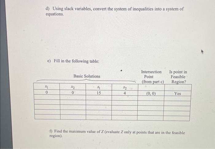 Solved d) Using slack variables, convert the system of | Chegg.com