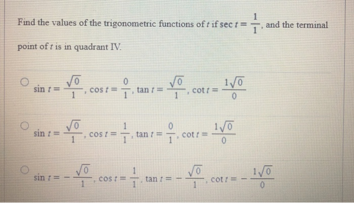 Solved Find the values of the trigonometric functions of t | Chegg.com