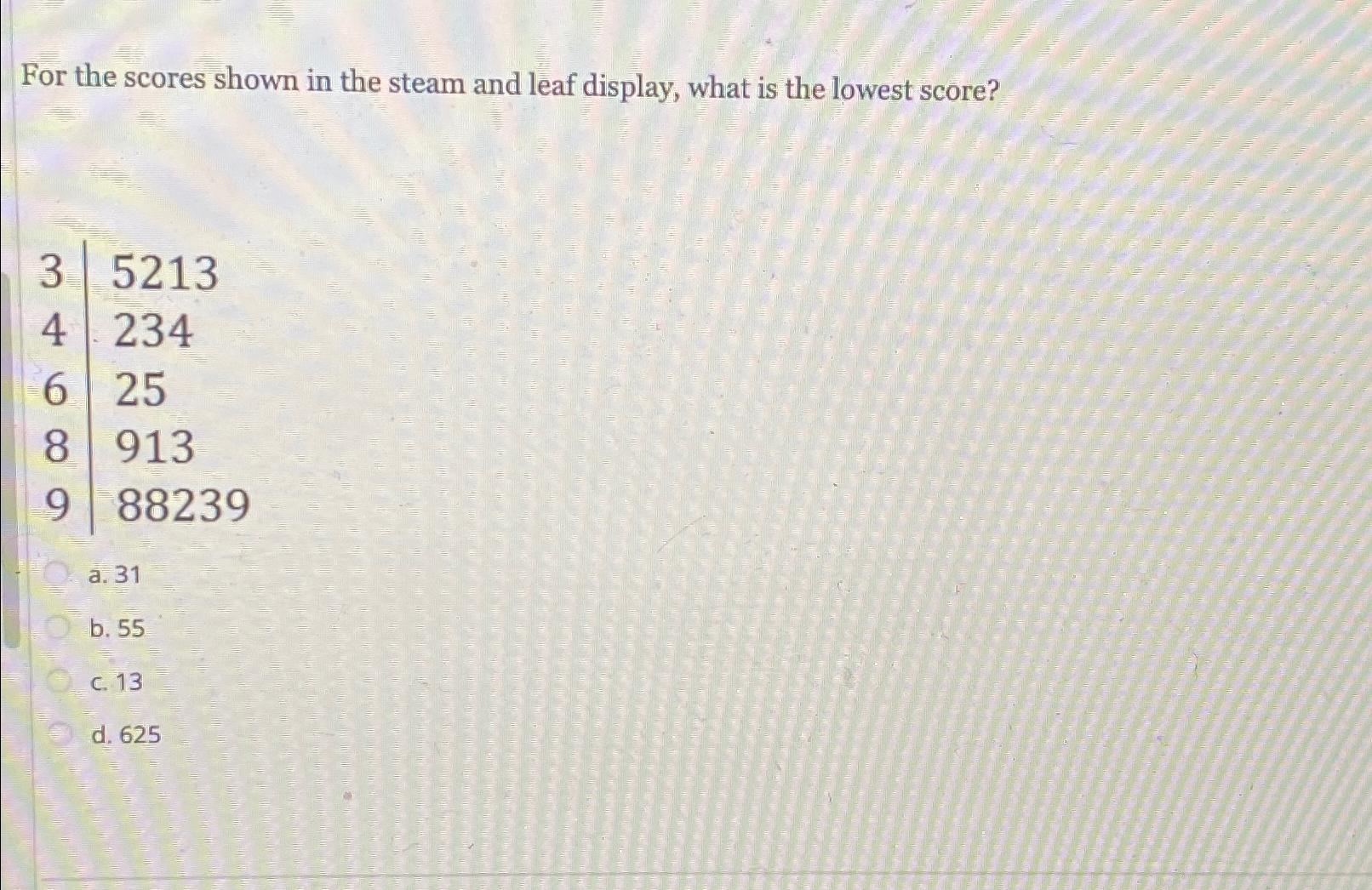 Solved For the scores shown in the steam and leaf display, | Chegg.com