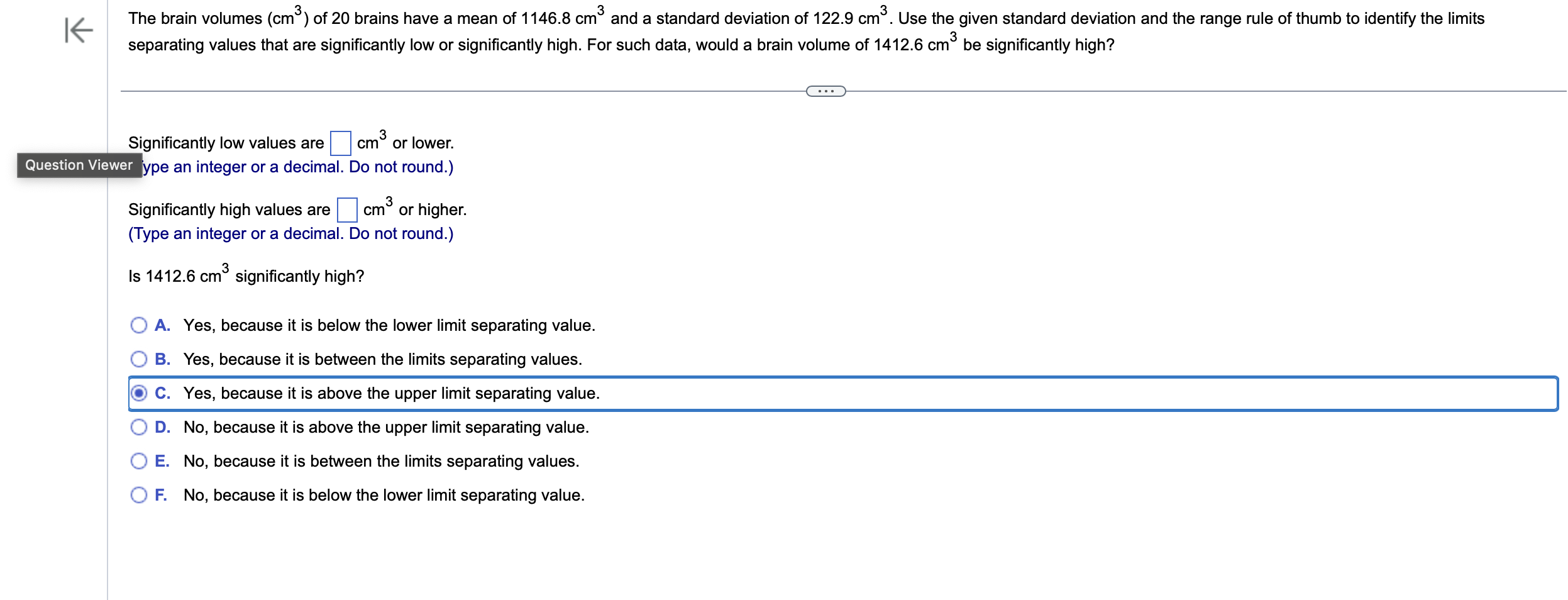 Solved The brain volumes (cm3) of 20 ﻿brains have a mean | Chegg.com