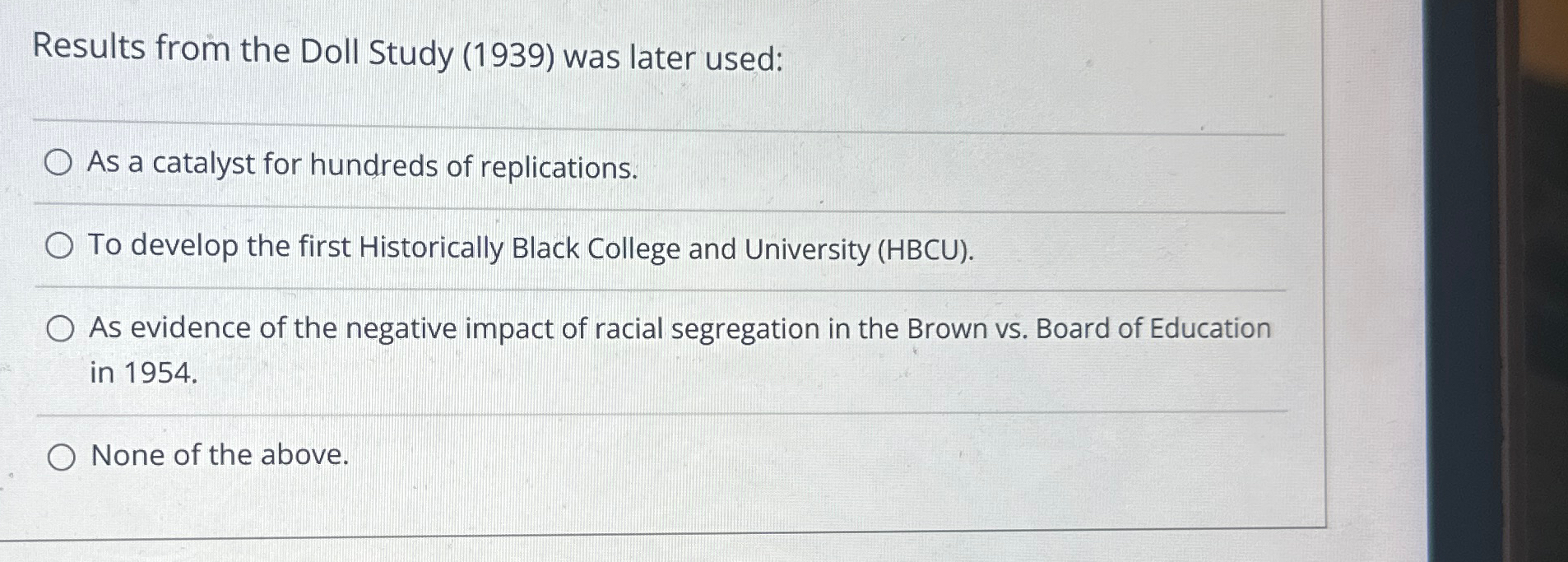 Solved Results from the Doll Study (1939) ﻿was later used:As | Chegg.com