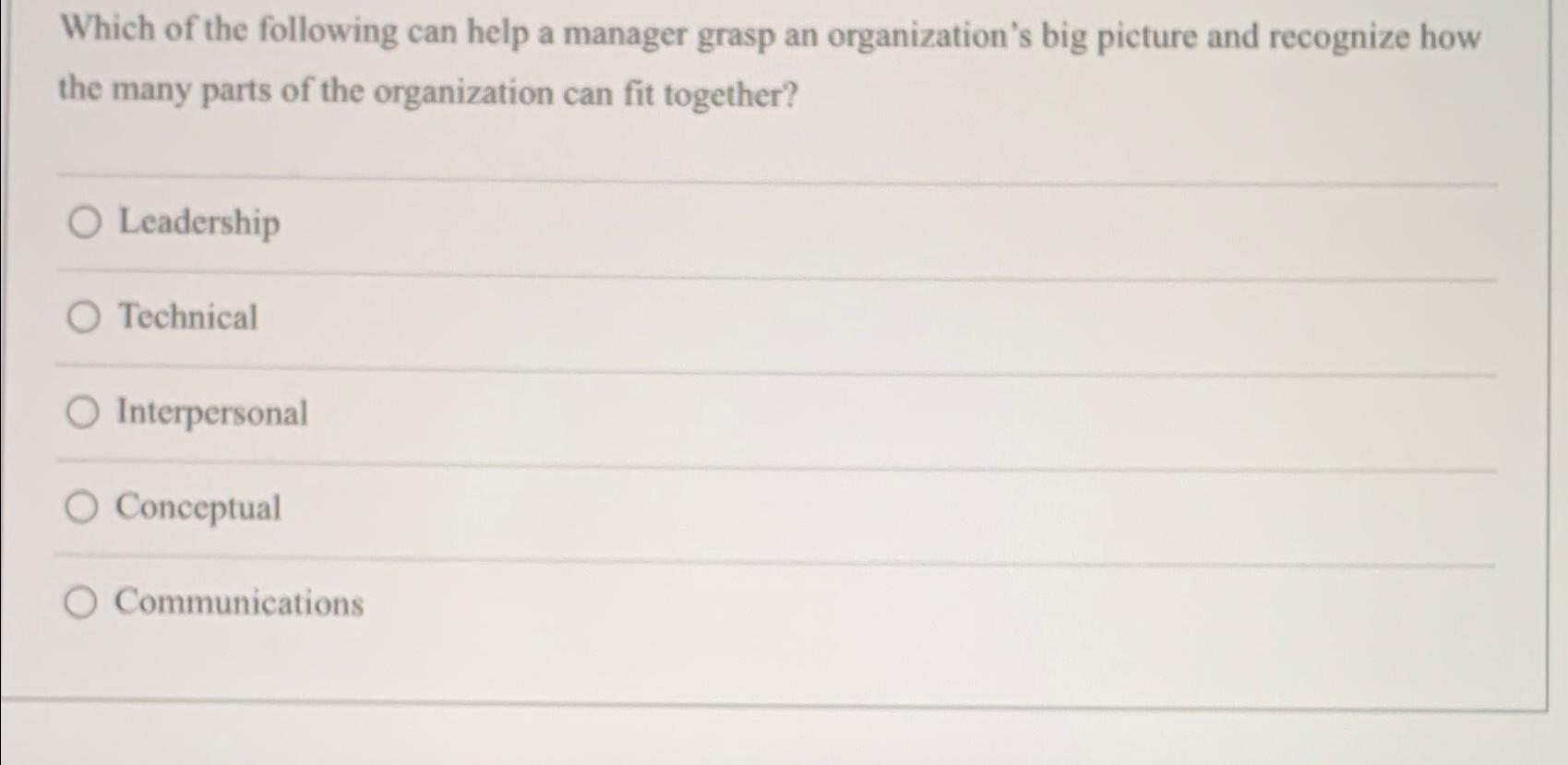Solved Which of the following can help a manager grasp an | Chegg.com