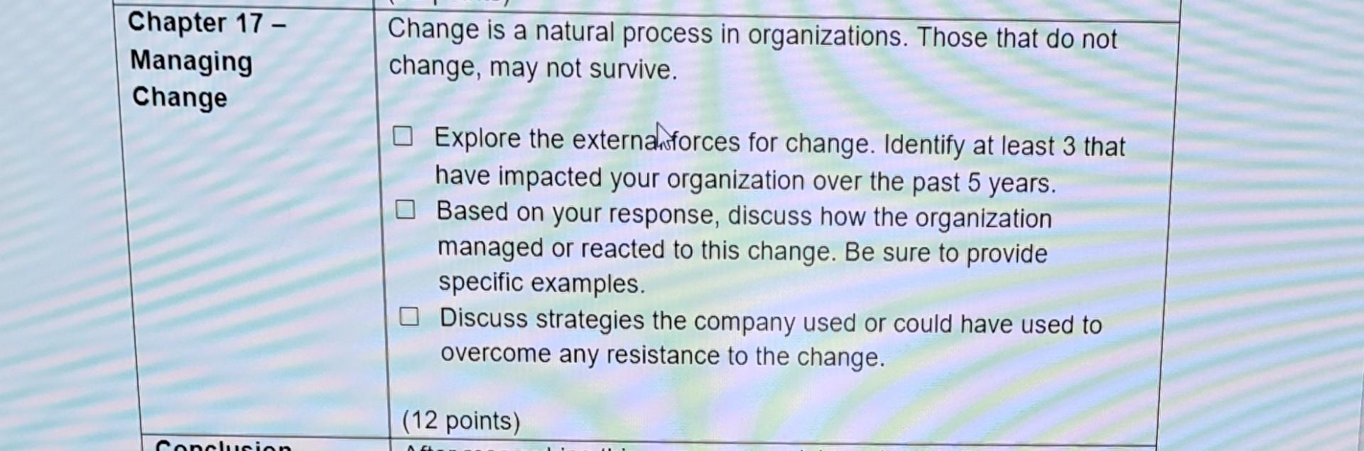 Solved \begin{tabular}{l|l} Chapter 17− Managing Change & | Chegg.com