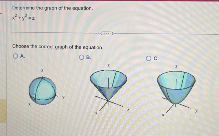 Solved Determine the graph of the equation. x2+y2=z Choose | Chegg.com