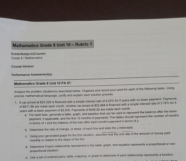 Mathematics Grade 8 Unit 10 - Rubric 1 | Chegg.com