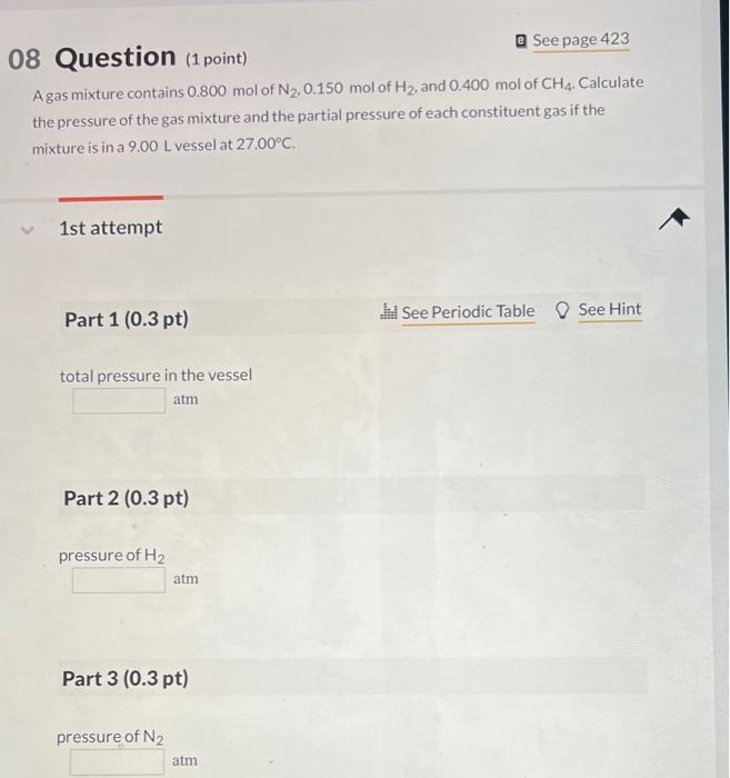 Solved 08 Question (1point) A gas mixture contains 0.800 mol | Chegg.com