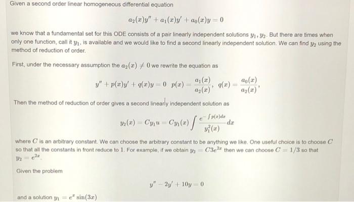 Solved Given a second order linear homogeneous differential | Chegg.com