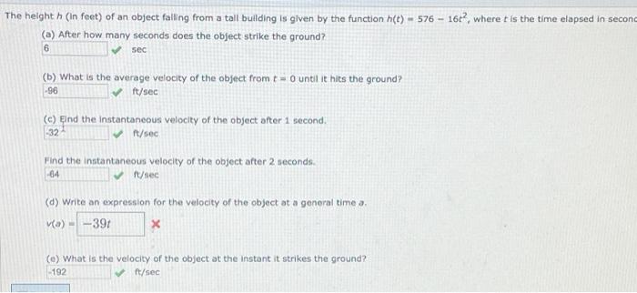 Solved The height h (In feet) of an object falling from a | Chegg.com