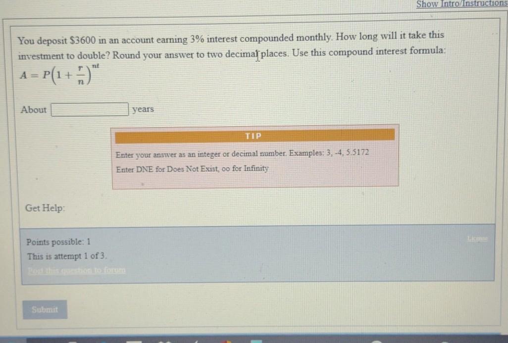 Solved Show Intro/Instructions You deposit $3600 in an | Chegg.com