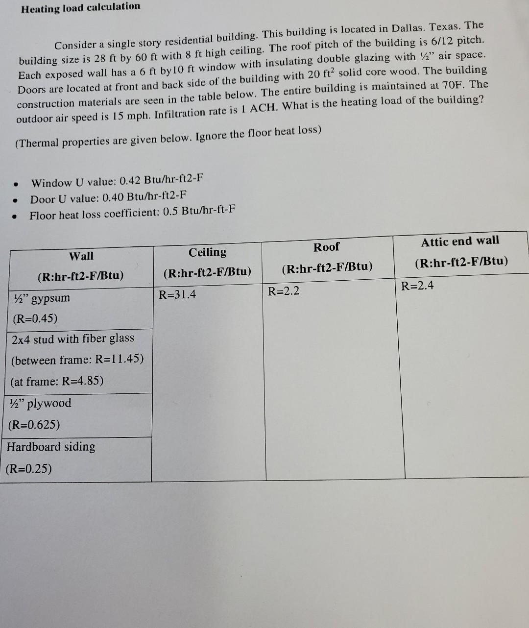Heating load calculation Consider a single story | Chegg.com