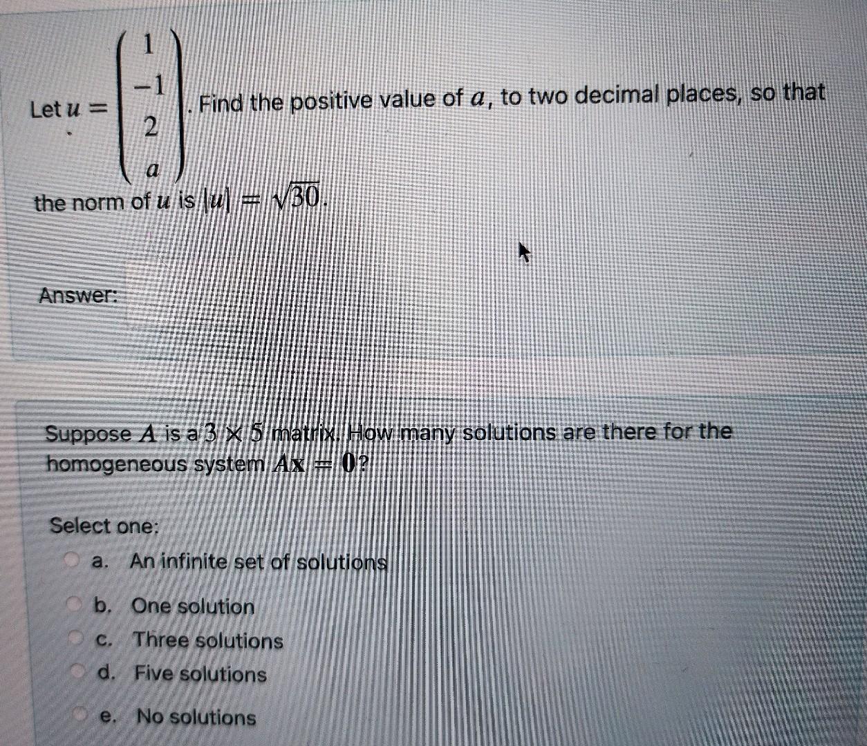 Solved Let u=⎝⎛1−12a⎠⎞. Find the positive value of a, to two | Chegg.com