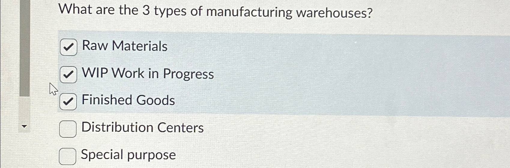 Solved What are the 3 ﻿types of manufacturing warehouses?Raw | Chegg.com