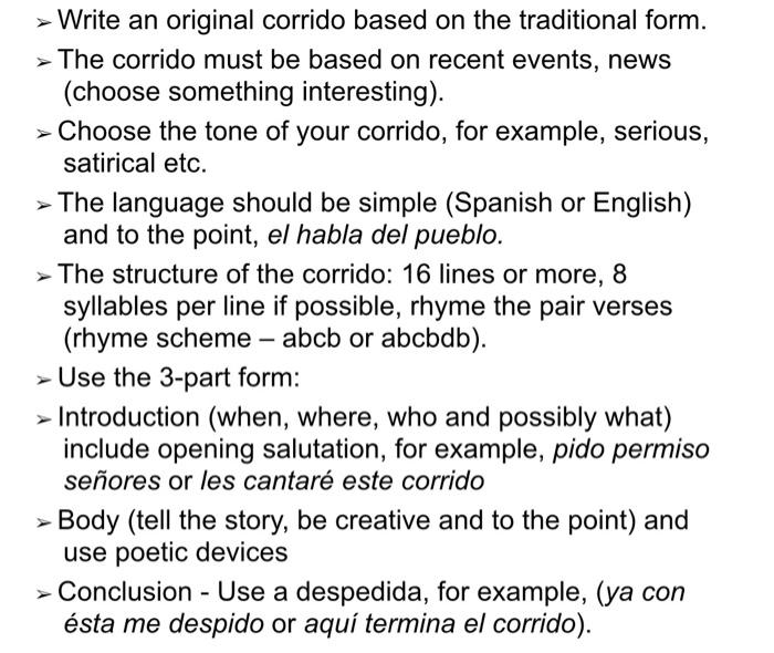 > Write an original corrido based on the traditional | Chegg.com