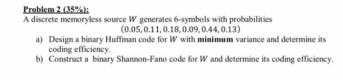 Solved Problem 2 (35%): A discrete memoryless source W | Chegg.com