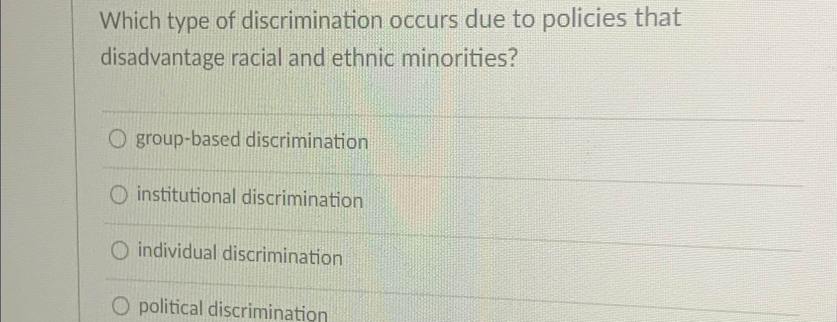 Solved Which type of discrimination occurs due to policies | Chegg.com