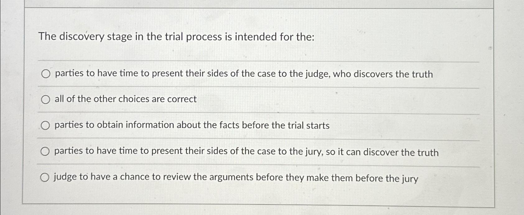 Solved The discovery stage in the trial process is intended | Chegg.com