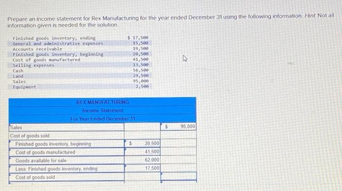 Solved Prepare an income statement for Rex Manufacturing for | Chegg.com