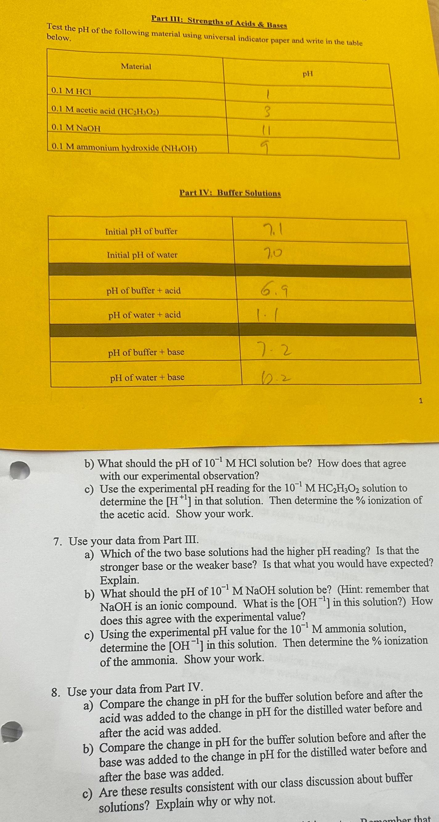 Solved Part III: Strengths of Acids & BasesTest the pH ﻿of | Chegg.com