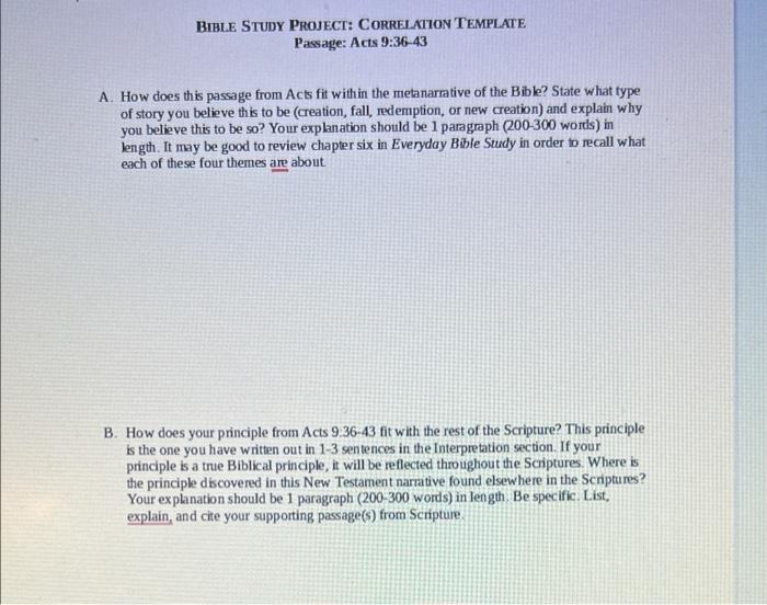 BIBLE STUDY PROJECT: CORRELATION TEMPLATE Passage: | Chegg.com