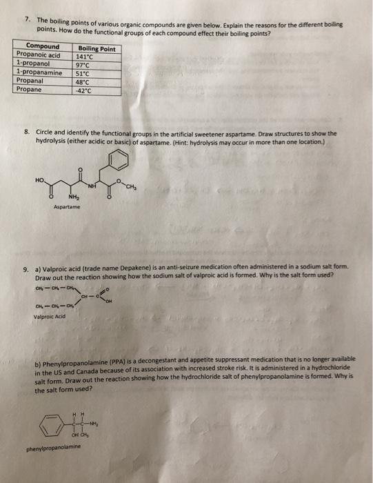 Solved 7. The boiling points of various organic compounds | Chegg.com