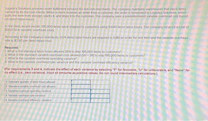 Solved Logistics Solutions provides order fulfilment | Chegg.com