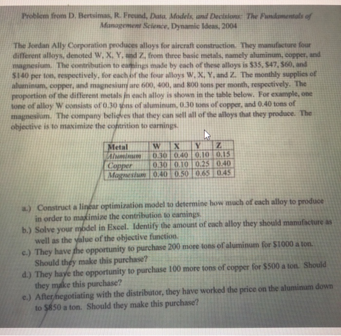 Solved Problem from D. Bertsimas, R. Freund, Data. Models, | Chegg.com