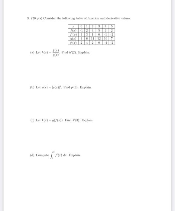 Solved 3. (20 pts) Consider the following tablo of function | Chegg.com